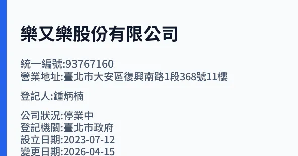 樂又樂股份有限公司的照片-統編 93767160(臺北市) 公司登記資料與營業項目詳細圖表