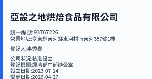 亞設之地烘焙食品有限公司的照片-統編 93767226(臺東縣) 公司登記資料與營業項目詳細圖表