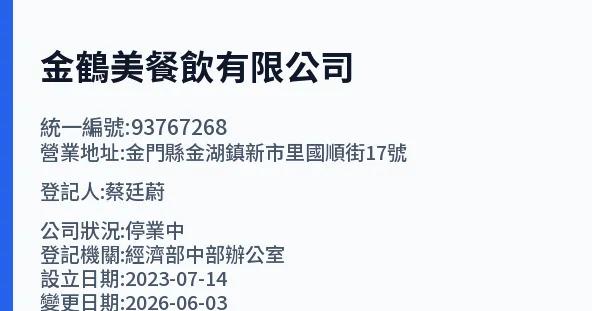 金鶴美餐飲有限公司的照片-統編 93767268(金門縣) 公司登記資料與營業項目詳細圖表