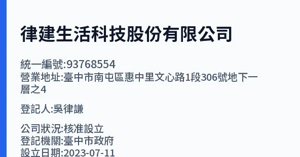 律建生活科技股份有限公司的照片-統編 93768554(臺中市) 公司登記資料與營業項目詳細圖表