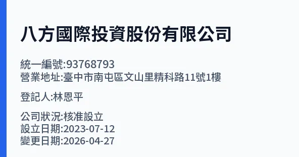 八方國際投資股份有限公司的照片-統編 93768793(臺中市) 公司登記資料與營業項目詳細圖表