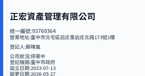 正宏資產管理有限公司的照片-統編 93769364(臺中市) 公司登記資料與營業項目詳細圖表