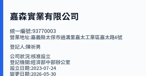 嘉森實業有限公司的照片-統編 93770003(嘉義縣) 公司登記資料與營業項目詳細圖表