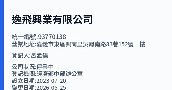 逸飛興業有限公司的照片-統編 93770138(嘉義市) 公司登記資料與營業項目詳細圖表