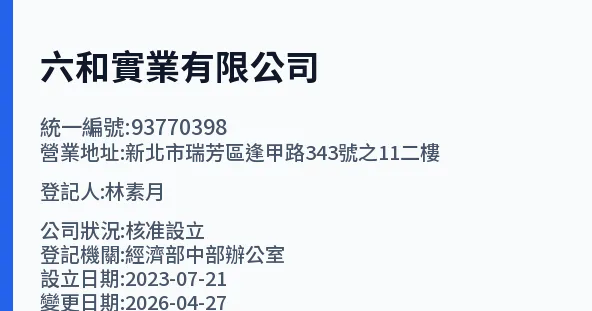 六和實業有限公司的照片-統編 93770398(新北市) 公司登記資料與營業項目詳細圖表