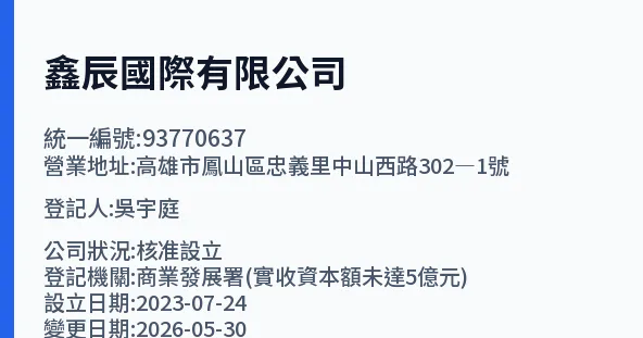 鑫辰國際有限公司的照片-統編 93770637(高雄市) 公司登記資料與營業項目詳細圖表
