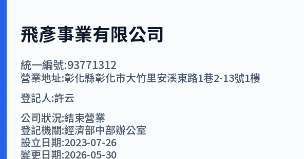 飛彥事業有限公司的照片-統編 93771312(彰化縣) 公司登記資料與營業項目詳細圖表