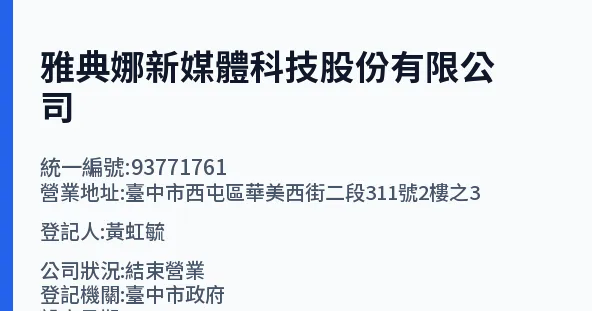 雅典娜新媒體科技股份有限公司的照片-統編 93771761(臺中市) 公司登記資料與營業項目詳細圖表