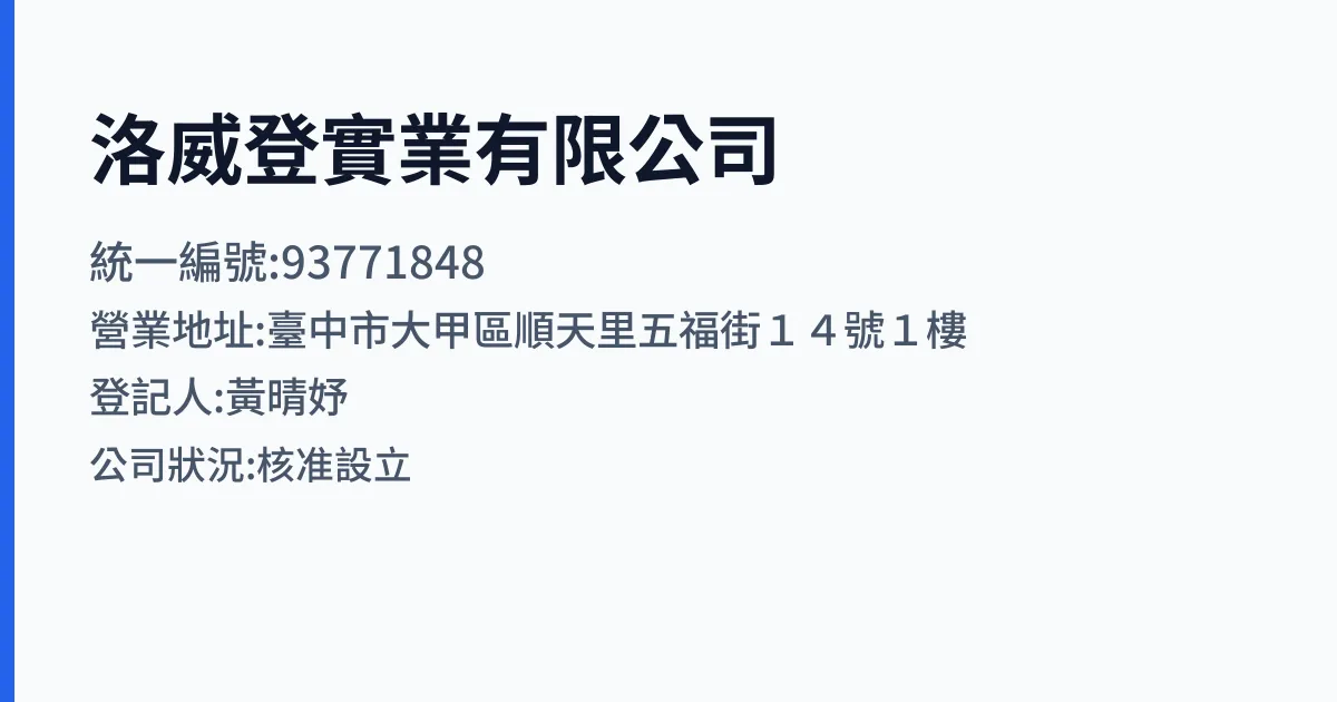 洛威登實業有限公司 - 統編 93771848(臺中市) 公司登記資料與營業項目詳細圖表