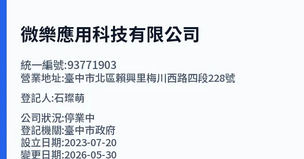 微樂應用科技有限公司的照片-統編 93771903(臺中市) 公司登記資料與營業項目詳細圖表