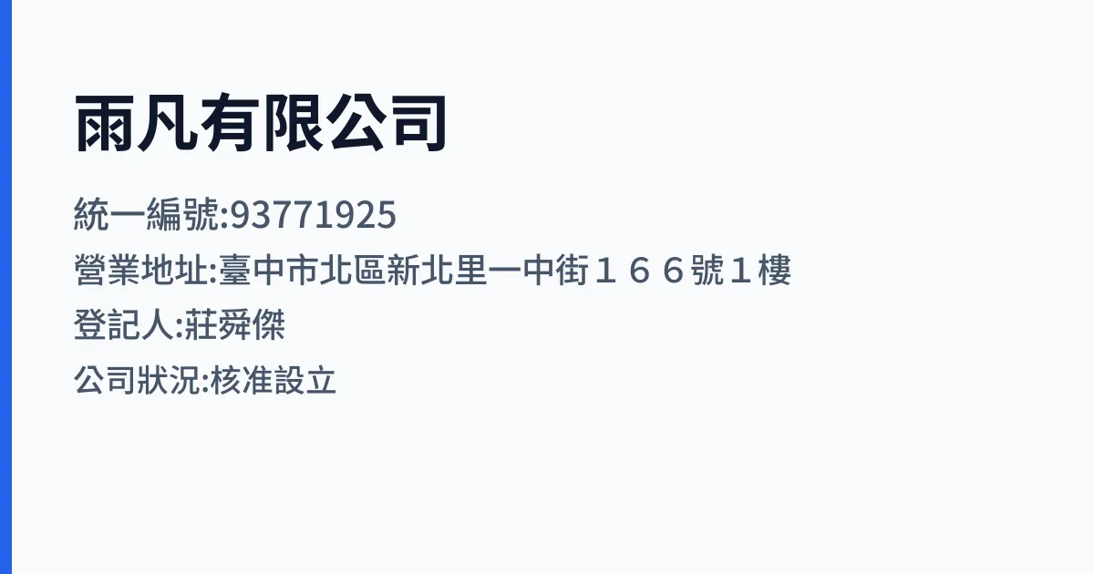 雨凡有限公司 - 統編 93771925 (臺中市) 公司登記資料與營業項目詳細圖表