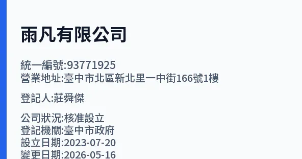 雨凡有限公司的照片-統編 93771925(臺中市) 公司登記資料與營業項目詳細圖表