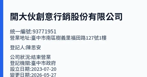開大伙創意行銷股份有限公司的照片-統編 93771951(臺中市) 公司登記資料與營業項目詳細圖表