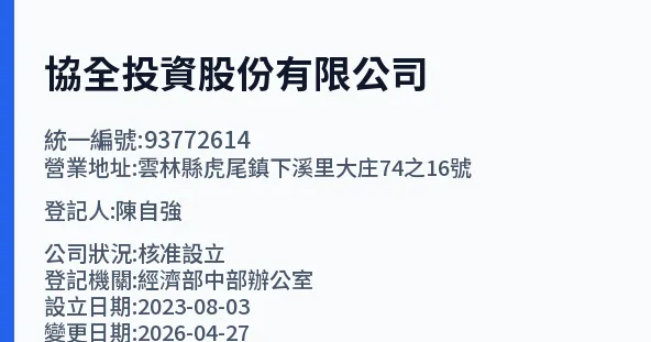 協全投資股份有限公司的照片-統編 93772614(雲林縣) 公司登記資料與營業項目詳細圖表