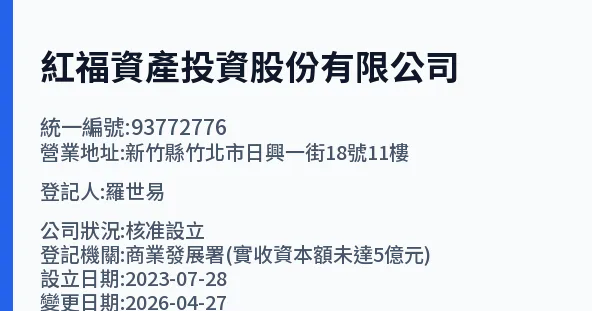 紅福資產投資股份有限公司的照片-統編 93772776(新竹縣) 公司登記資料與營業項目詳細圖表