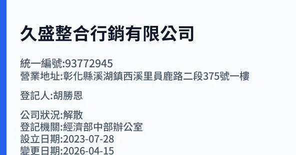 久盛整合行銷有限公司的照片-統編 93772945(彰化縣) 公司登記資料與營業項目詳細圖表