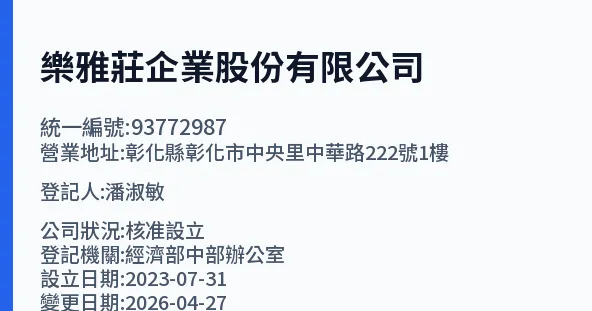樂雅莊企業股份有限公司的照片-統編 93772987(彰化縣) 公司登記資料與營業項目詳細圖表