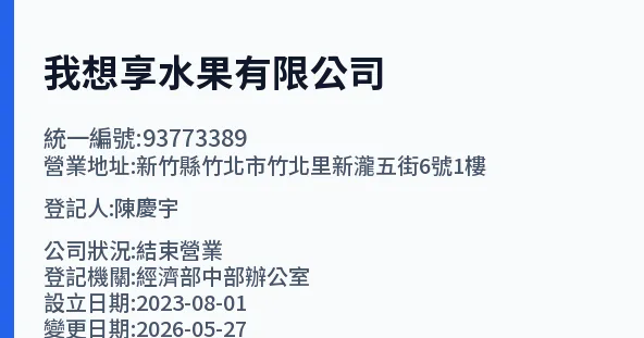 我想享水果有限公司的照片-統編 93773389(新竹縣) 公司登記資料與營業項目詳細圖表