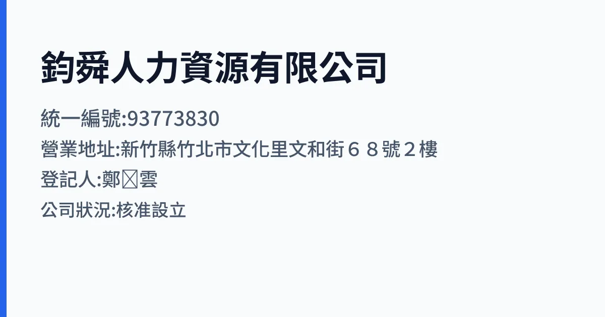 鈞舜人力資源有限公司 - 統編 93773830(新竹縣) 公司登記資料與營業項目詳細圖表