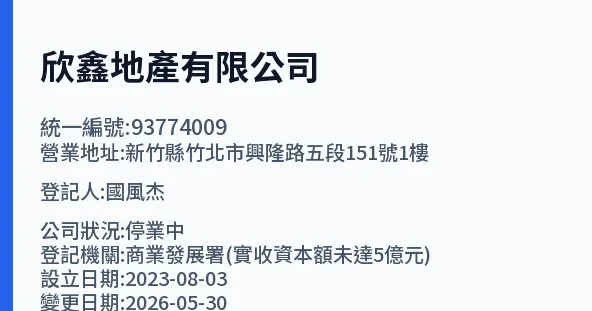 欣鑫地產有限公司的照片-統編 93774009(新竹縣) 公司登記資料與營業項目詳細圖表