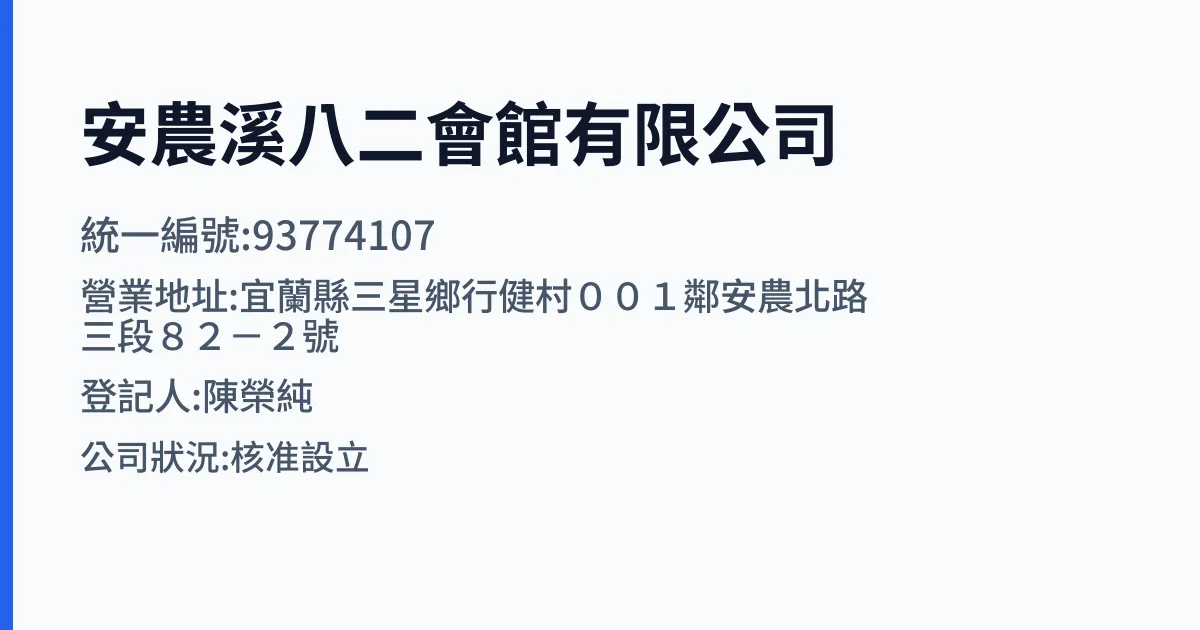 安農溪八二會館有限公司 - 統編 93774107(宜蘭縣) 公司登記資料與營業項目詳細圖表