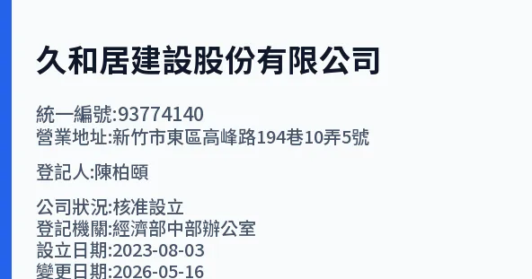 久和居建設股份有限公司的照片-統編 93774140(新竹市) 公司登記資料與營業項目詳細圖表