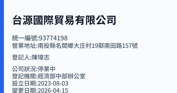 台源國際貿易有限公司的照片-統編 93774198(南投縣) 公司登記資料與營業項目詳細圖表