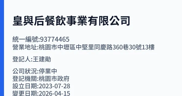 皇與后餐飲事業有限公司的照片-統編 93774465(桃園市) 公司登記資料與營業項目詳細圖表