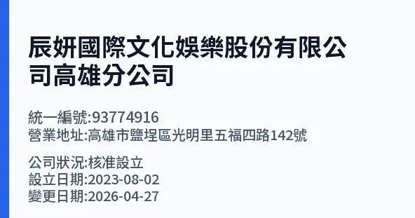 辰妍國際文化娛樂股份有限公司高雄分公司的照片-統編 93774916(高雄市) 公司登記資料與營業項目詳細圖表