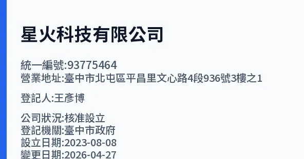 星火科技有限公司的照片-統編 93775464(臺中市) 公司登記資料與營業項目詳細圖表