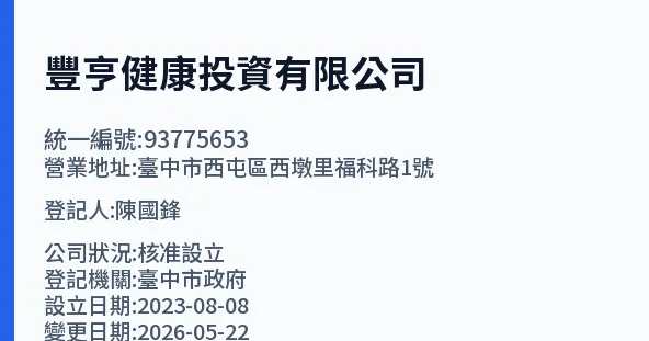 豐亨健康投資有限公司的照片-統編 93775653(臺中市) 公司登記資料與營業項目詳細圖表