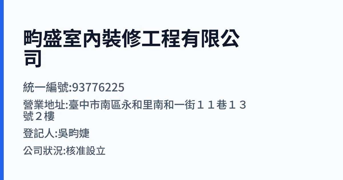 畇盛室內裝修工程有限公司 - 統編 93776225(臺中市) 公司登記資料與營業項目詳細圖表