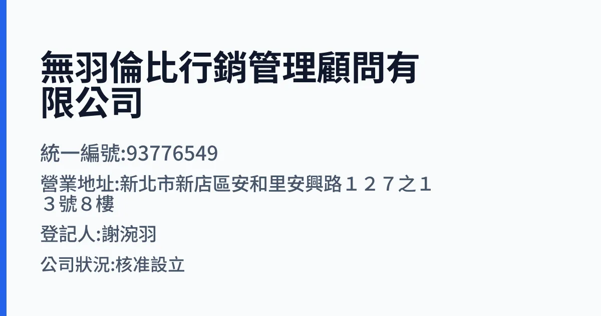 無羽倫比行銷管理顧問有限公司 - 統編 93776549(臺北市) 公司登記資料與營業項目詳細圖表