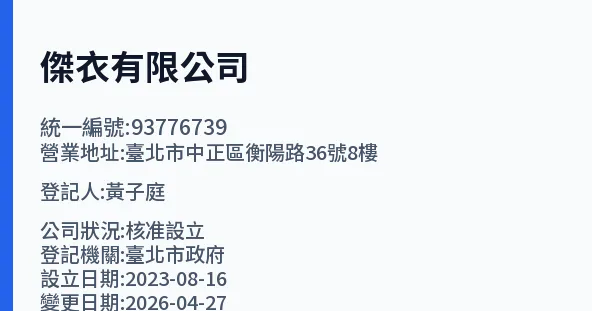 傑衣有限公司的照片-統編 93776739(臺北市) 公司登記資料與營業項目詳細圖表