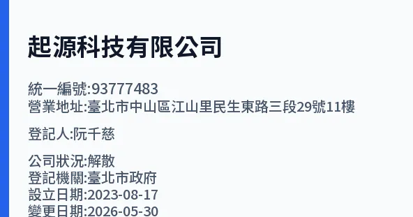 起源科技有限公司的照片-統編 93777483(臺北市) 公司登記資料與營業項目詳細圖表
