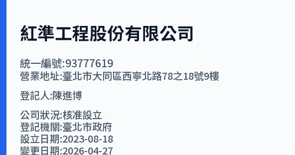 紅準工程股份有限公司的照片-統編 93777619(臺北市) 公司登記資料與營業項目詳細圖表