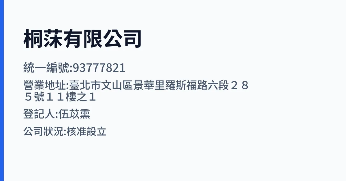 桐莯有限公司 - 統編 93777821(臺北市) 公司登記資料與營業項目詳細圖表