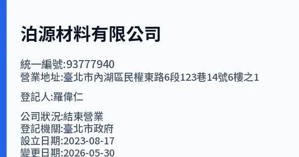 泊源材料有限公司的照片-統編 93777940(臺北市) 公司登記資料與營業項目詳細圖表