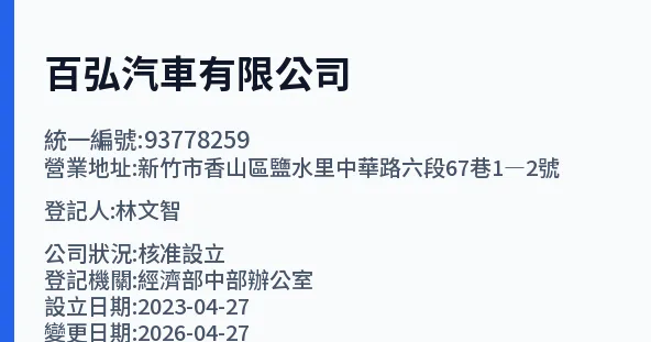 百弘汽車有限公司的照片-統編 93778259(新竹市) 公司登記資料與營業項目詳細圖表