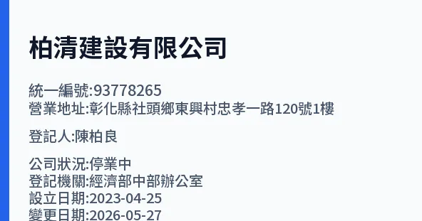 柏清建設有限公司的照片-統編 93778265(彰化縣) 公司登記資料與營業項目詳細圖表