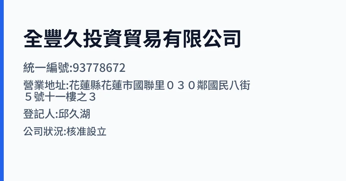 全豐久投資貿易有限公司 - 統編 93778672(花蓮縣) 公司登記資料與營業項目詳細圖表