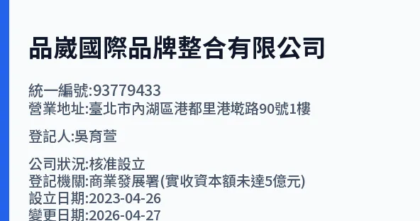 品崴國際品牌整合有限公司的照片-統編 93779433(臺北市) 公司登記資料與營業項目詳細圖表