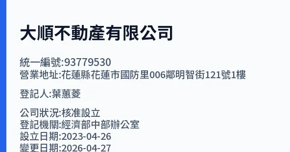大順不動產有限公司的照片-統編 93779530(花蓮縣) 公司登記資料與營業項目詳細圖表