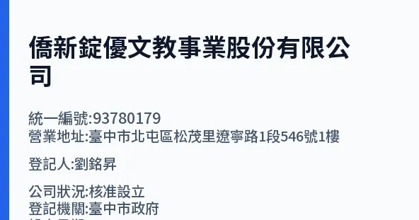 僑新錠優文教事業股份有限公司的照片-統編 93780179(臺中市) 公司登記資料與營業項目詳細圖表