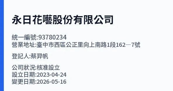 永日花囈股份有限公司的照片-統編 93780234(臺中市) 公司登記資料與營業項目詳細圖表