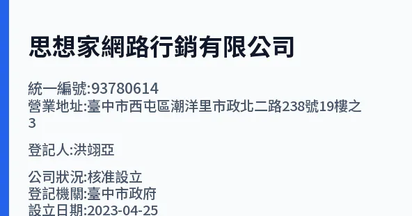 思想家網路行銷有限公司的照片-統編 93780614(臺中市) 公司登記資料與營業項目詳細圖表