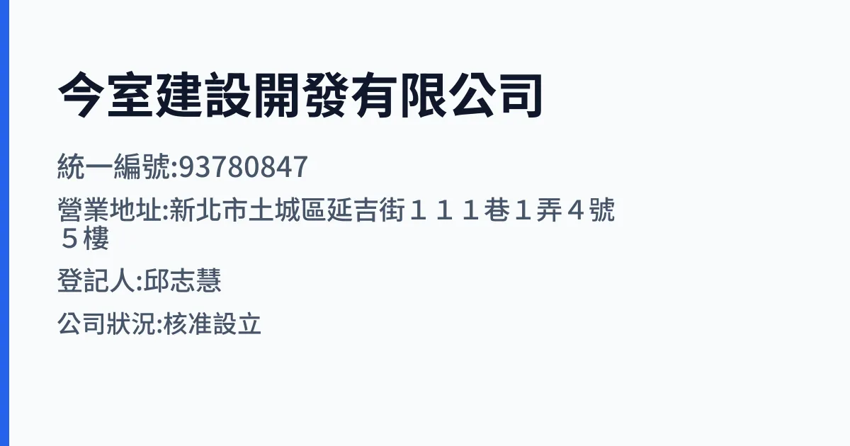 今室建設開發有限公司 - 統編 93780847(新北市) 公司登記資料與營業項目詳細圖表