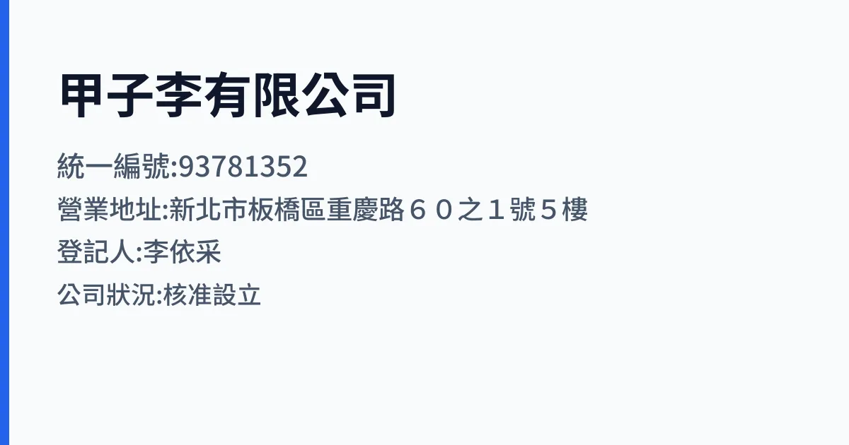 甲子李有限公司 - 統編 93781352(新北市) 公司登記資料與營業項目詳細圖表