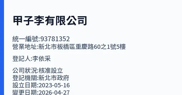 甲子李有限公司的照片-統編 93781352(新北市) 公司登記資料與營業項目詳細圖表