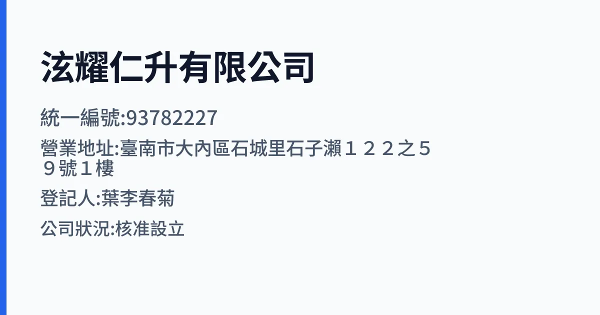 泫耀仁升有限公司 - 統編 93782227(臺南市) 公司登記資料與營業項目詳細圖表